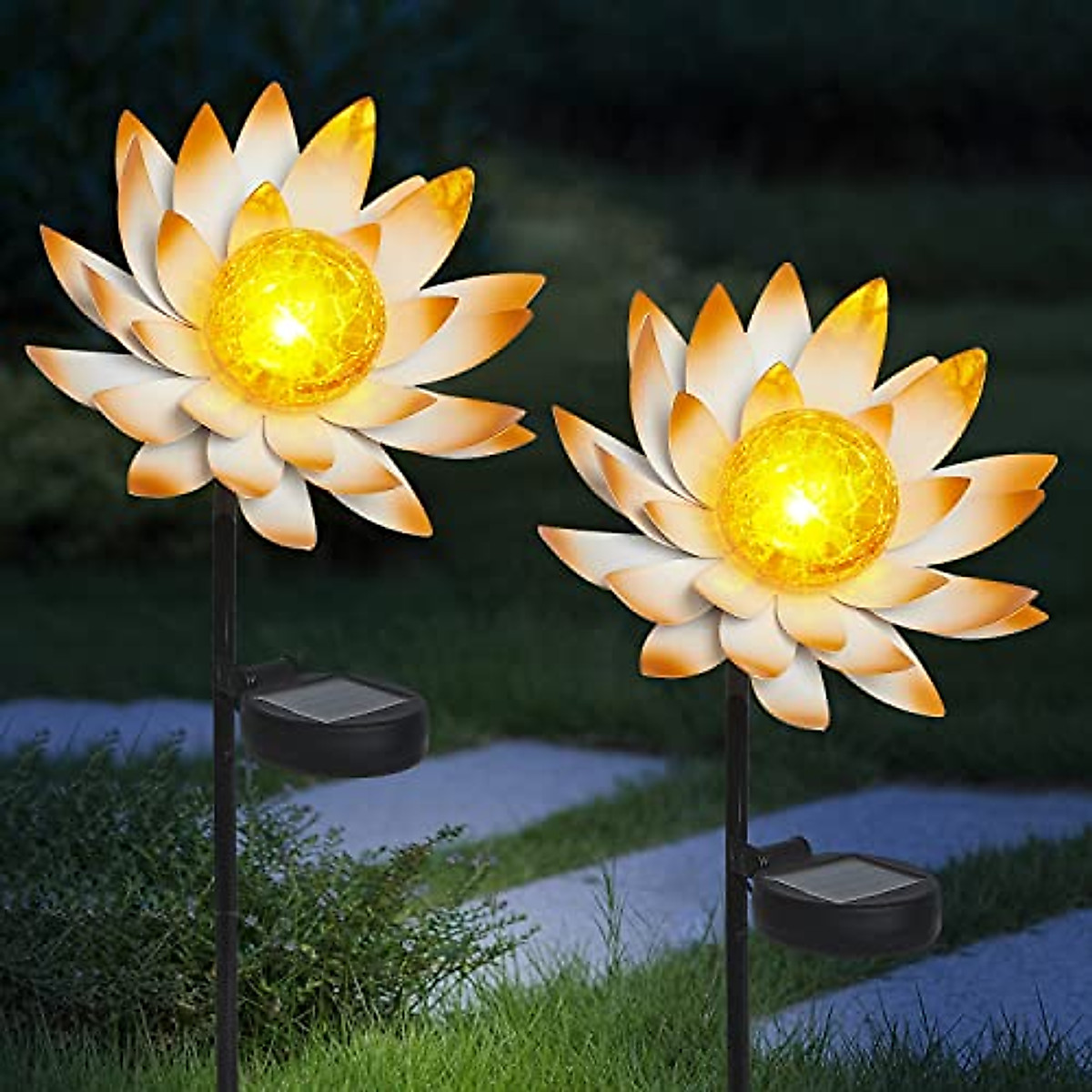 NAN ZAI NAN FANG Solar Lights Outdoor Garden Decor, 2 Pack Crackle Globe Glass Metal Solar Lotus Lights, Waterproof Solar Lotus Stake Light for Patio,Lawn,Yard,Walkway,Pathway(Yellow)