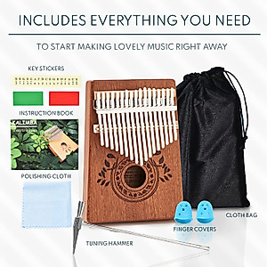 UNOKKI Kalimba 17 Key Thumb Piano, Portable Mahogany Mbira Finger Piano with Instruction, Carrying Bag, Tune Hammer, Reduce Stress, Gift for Well-being for Kids, Adults, Men, Music Lovers- Light Brown