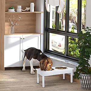 PawHut 23" Wooden Heavy Duty Dog Food Bowls Pet Elevated Feeding Station -White