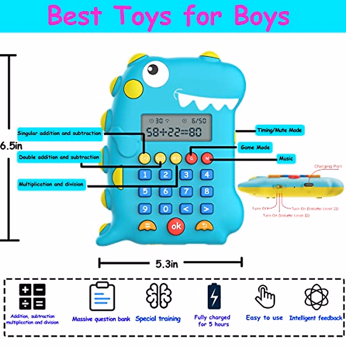 HONGID Electronic Math Games for Kids 4-6-8,Dinosaur Calculator for Kids with Music,Addition,Subtraction,Multiplication & Division,Learning Educational Toys Gifts for Boys Girls Age 4 5 6 7 8+