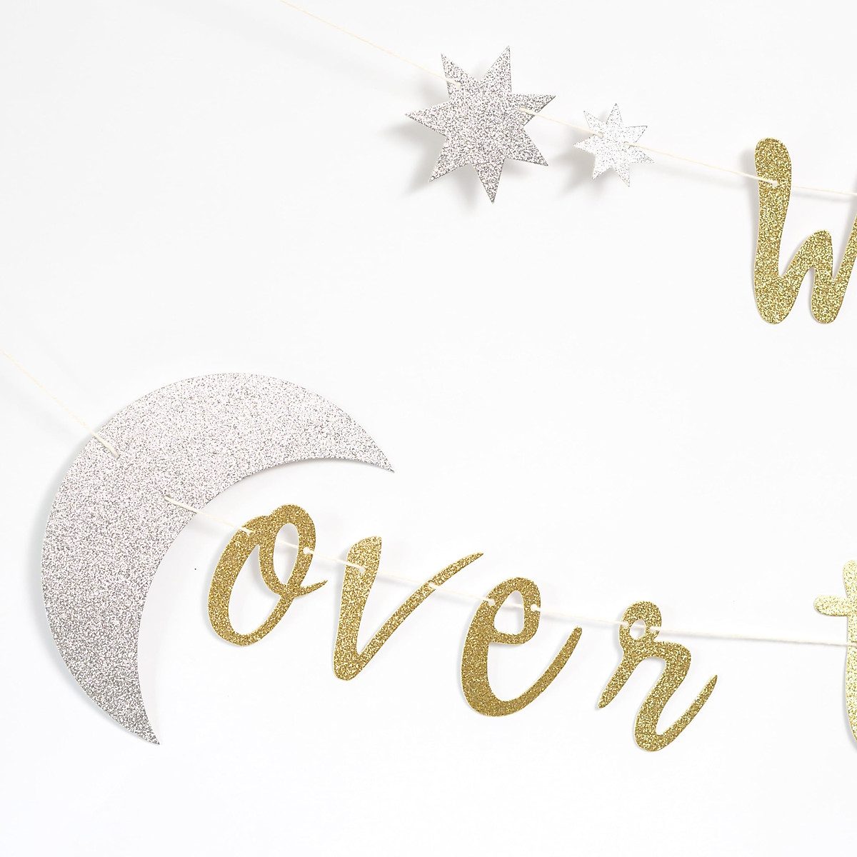 MUWEOL We’Re Over The Moon Banner - Over The Moon Baby Shower Decoration,Gender Reveal Wall Hanging Banner,Golden Glitter Party Wall Decoration (moon banner golden)