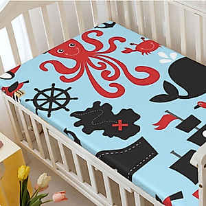 Pirate Themed Fitted Crib Sheet,Standard Crib Mattress Fitted Sheet Soft and Breathable Bed Sheets-Baby Sheet for Boys Girls,28“ x52“,Pale Blue Charcoal Grey Vermilion Sand Brown