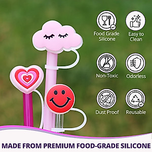 KikiAvenue 3 Piece Glow In The Dark Straw Covers Compatible With Stanley 30 & 40oz Tumbler Cups, Unique Heart, Cloud and Smiley Face Light Up Design Perfect For 9.5-10MM Straws