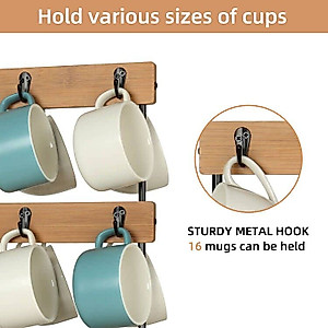 Aomomery Rustic Coffee Mug Holder Stand, Bamboo Mug Tree for 16 Hooks, 2-Tier Countertop Coffee Cup Holder with Storage Base for Kitchen