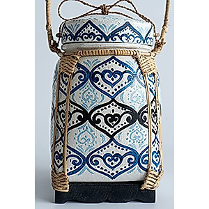 Siam Sawadee White Weaved Bamboo Rice Basket, Hand Woven Thai Rattan Jar, Handcrafted Traditional Household Wicker Container, Moroccan Pattern Painted, Handmade in Thailand, 7x12 inches