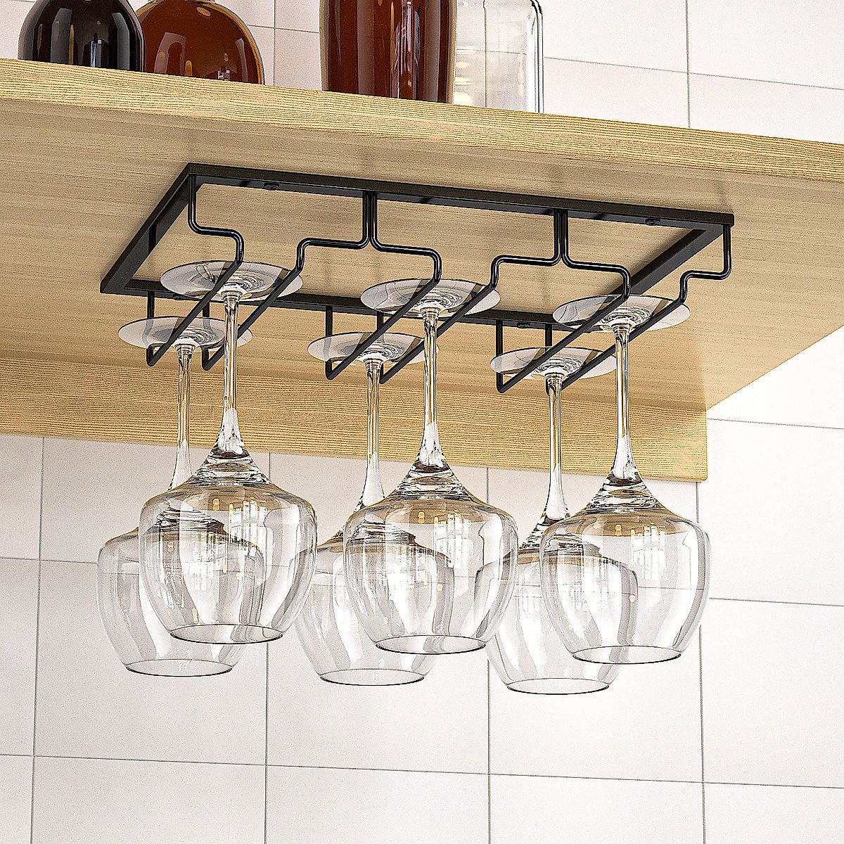 LACAFA Wine Glass Holder Under Cabinet Stemware Rack in Home Bar Kitchen Organization with 3 Rows Wine Glass Rack Hanger Storage Metal Organizer for Under Shelf Hanging (Black)