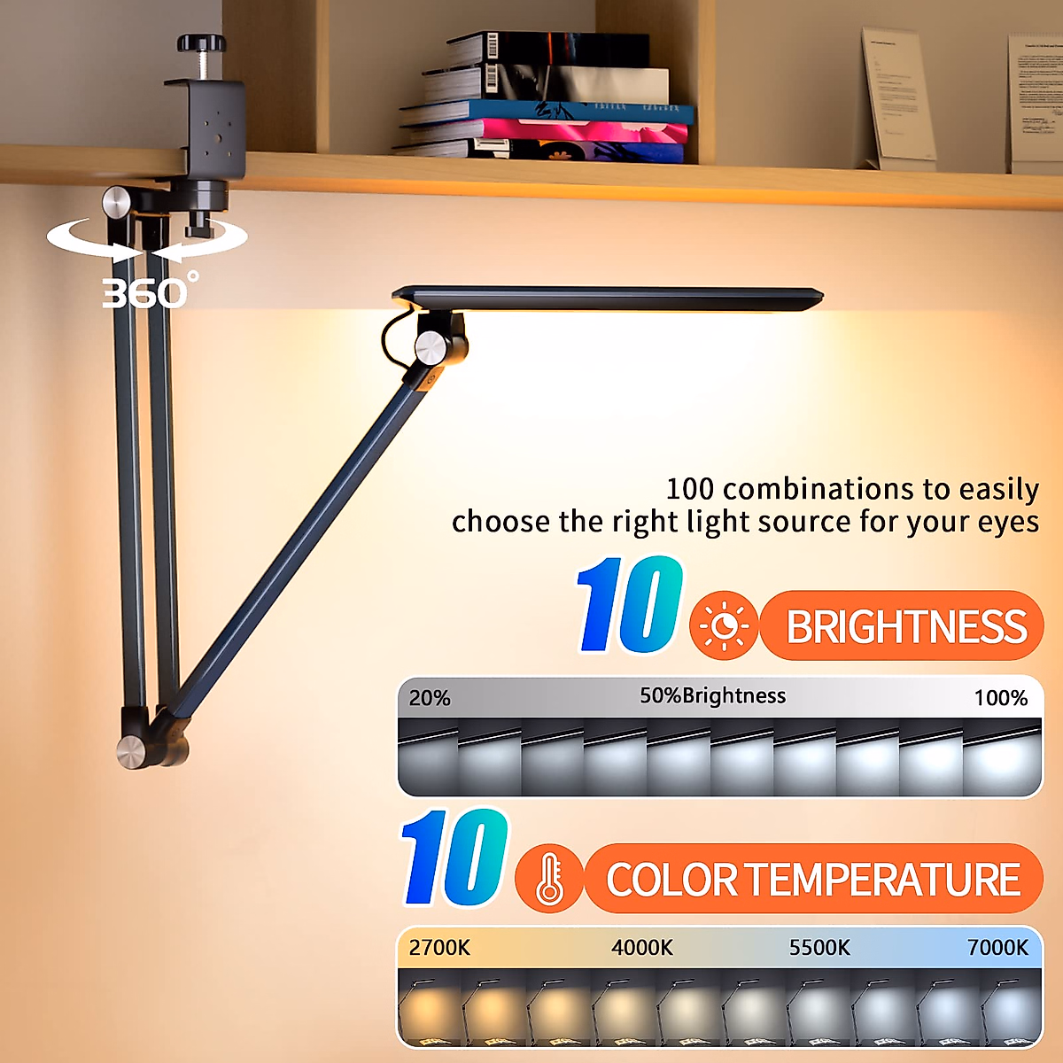 Reifeiniwei LED Desk Lamps,10 Color Modes 2700k-7000k Lighting and Stepless Dimming Modern Table Lamp for Monitor Studio Reading,Architect Clamp for Home Office Iron-Grey 15W…