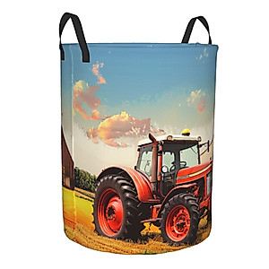Company Farm Tractor Printed Circular Laundry Basket, Foldable Oxford Cloth Tote Bag Laundry Hamper, Toy Organizer, For Bathroo/Laundry Storage/Bedroom Storage/Medium