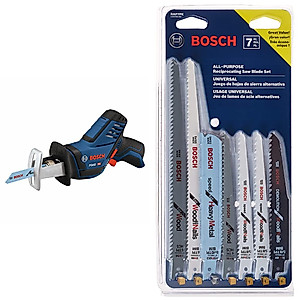 BOSCH PS60N 12V Max Pocket Reciprocating Saw (Bare Tool), Blue&BOSCH RAP7PK 7-Piece Reciprocating Saw Blade Set