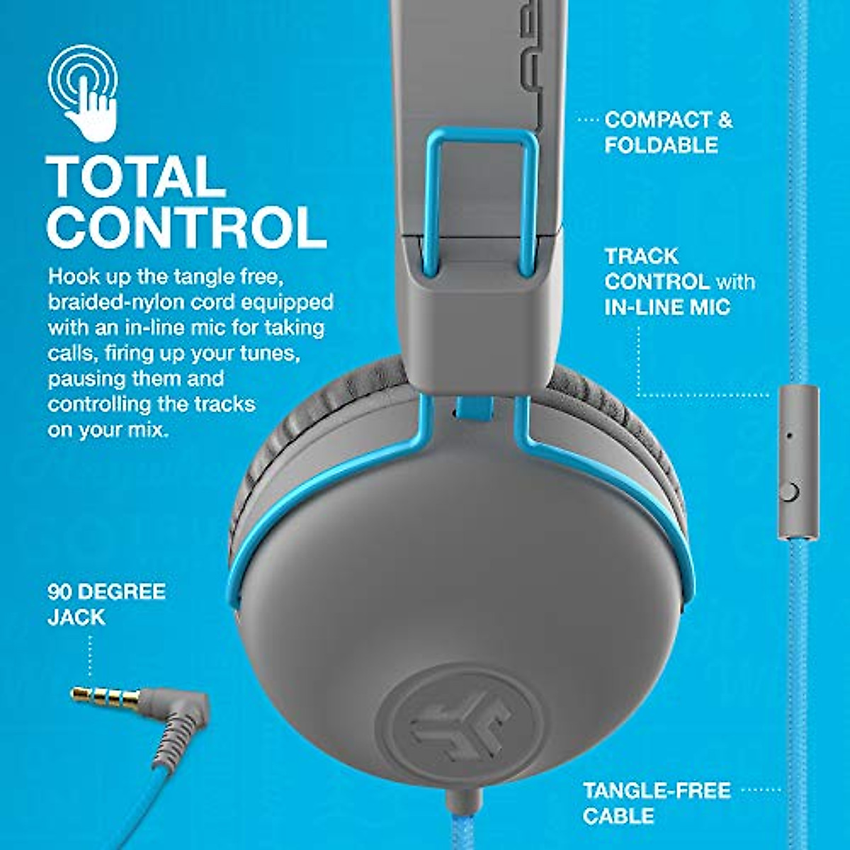 JLab Studio On-Ear Headphones | Wired Headphones | Tangle Free Cord | Ultra-Plush Faux Leather with Cloud Foam Cushions | 40mm Neodymium Drivers with C3 Sound | Gray/Blue