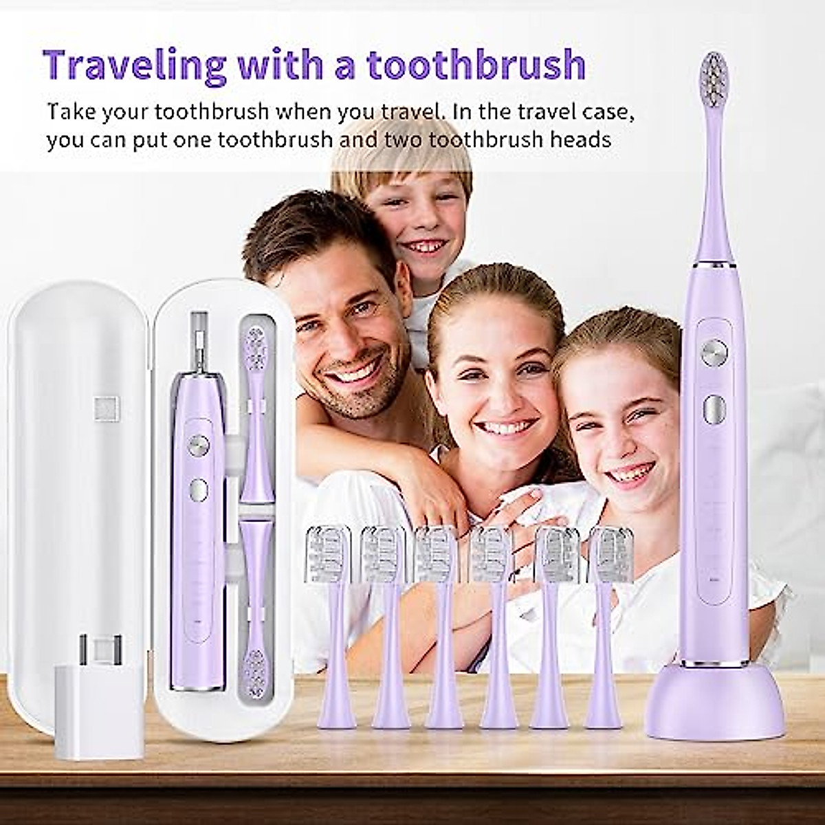 SARMOCARE Sonic Electric Toothbrush, Travel Rechargeable Toothbrushes for Adults Kids with 5 Modes and 6 Brush Heads, Waterproof,Smart Timer & Travel Case Included-Purple
