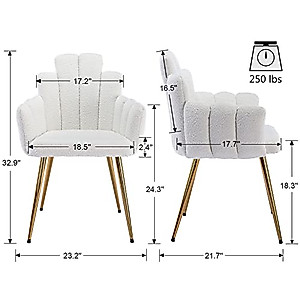 VESCASA Sherpa Accent Chairs with Petal Back, Mid-Century Modern Upholstered Dining Chairs with Arms, Makeup Vanity Chairs with Gold Metal Legs for Living Room/Bedroom, Set of 2, White