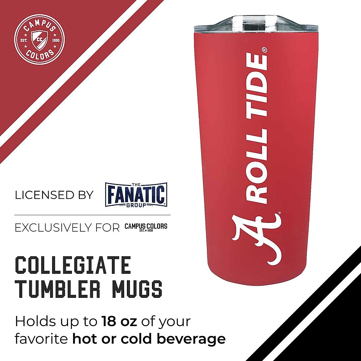 Campus Colors NCAA Stainless Steel Tumbler Perfect for Gameday - 18 oz - Double Walled - Keeps Drinks Perfectly Insulated (Alabama Crimson Tide - Red)