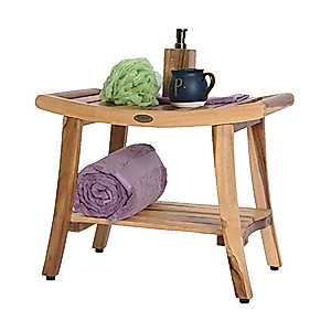 EcoDecors Harmony Teak Shower Bench Natural Wood Shower Bench with Shelf and LiftAide Arms 24" Shower Stool in Earthy Teak Finish