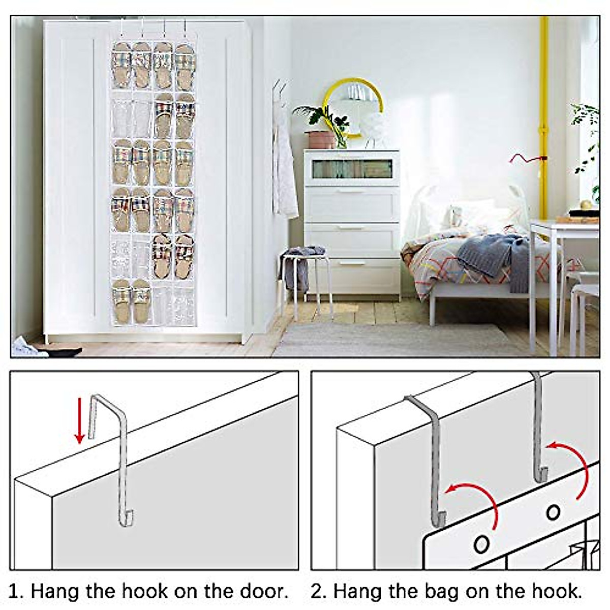 QUMENEY 24 Pockets Over the Door Shoe Organiser, Folding Hanging Organiser Shoe Racks with Hooks, Heavy-Duty Hanging Mesh Shoe Holder for Badroom, Bathroom, Wardrobe