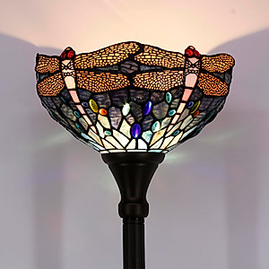 WERFACTORY Tiffany Floor Lamp Sea Blue Stained Glass Dragonfly Light 12X12X66 Inches Pole Torchiere Standing Corner Torch Uplight Decor Bedroom Living Room Home Office S631 Series