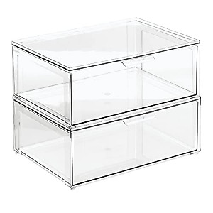 mDesign Plastic Stackable Kitchen Storage Organizer Bins with Pull Out Drawer for Cabinet, Pantry, Fridge, Freezer, Shelf, Refrigerator Organization - Lumiere Collection - 2 Pack - Clear