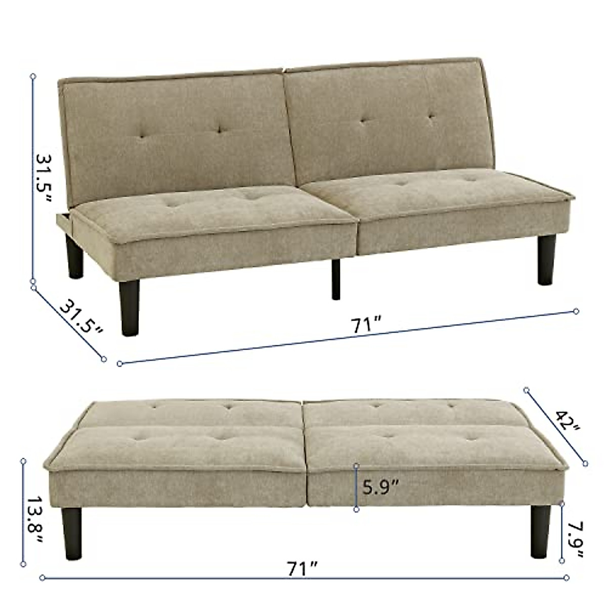 FONTOI Futon Sofa Bed Memory Foam Couch Sleeper Daybed Foldable Convertible Loveseat, Khaki Sage
