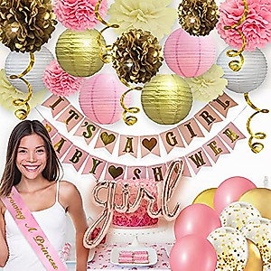 Baby Shower Decorations for Girl Pink Gold Princess It's A Girl Banner Poms Lanterns Mom To Be Sash