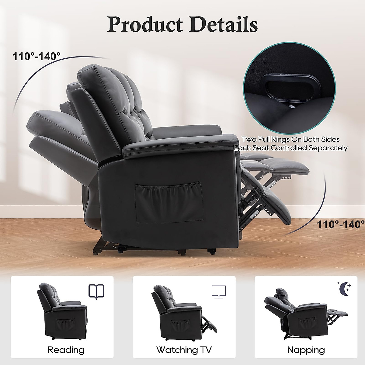 Consofa 68'' Reclining Loveseat, Reclining Loveseat with Console, PU Leather Manual Recliner Loveseat, Double Recliner Loveseat with Cup Holder and Side Pocket for Living Room