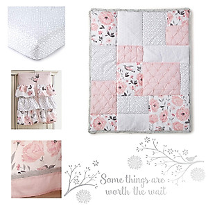 Levtex Baby - Elise Crib Bed Set - Baby Nursery Set - Pink, Grey, and White - Floral and Velvet Patchwork - 5 Piece Set Includes Quilt, Two Fitted Sheets, Wall Decal & Skirt/Dust Ruffle