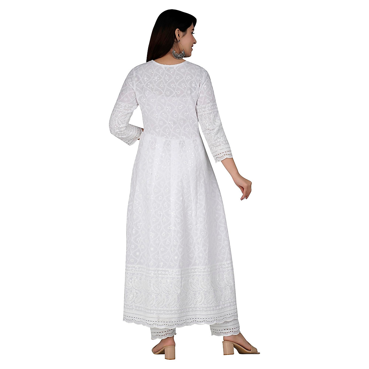 JG JAI GOVINDAM Chikankari Cotton Anarkali Indian Kurti For Women Summer Dress Kurta Pant With Dupatta Set Pakistani Long Kurta-(XL) White