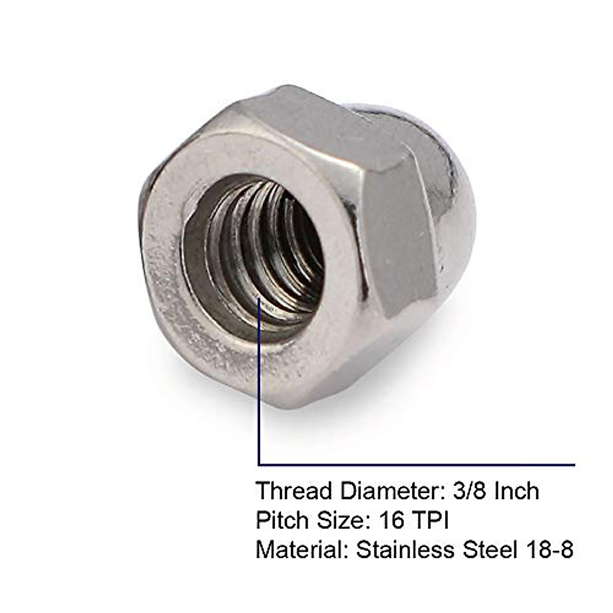 3/8-16 Acorn Cap Nuts, Stainless Steel 18-8 (304), Plain Finish, 10 PCS