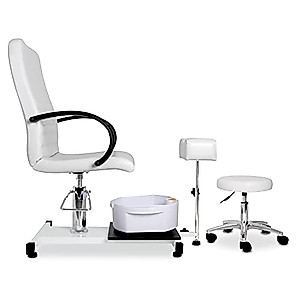 Paddie White Pedicure Chair with Rolling Low Stool/Foot Basin/Leg Rest Hydraulic Adjustable for Salon Spa Nail Tech