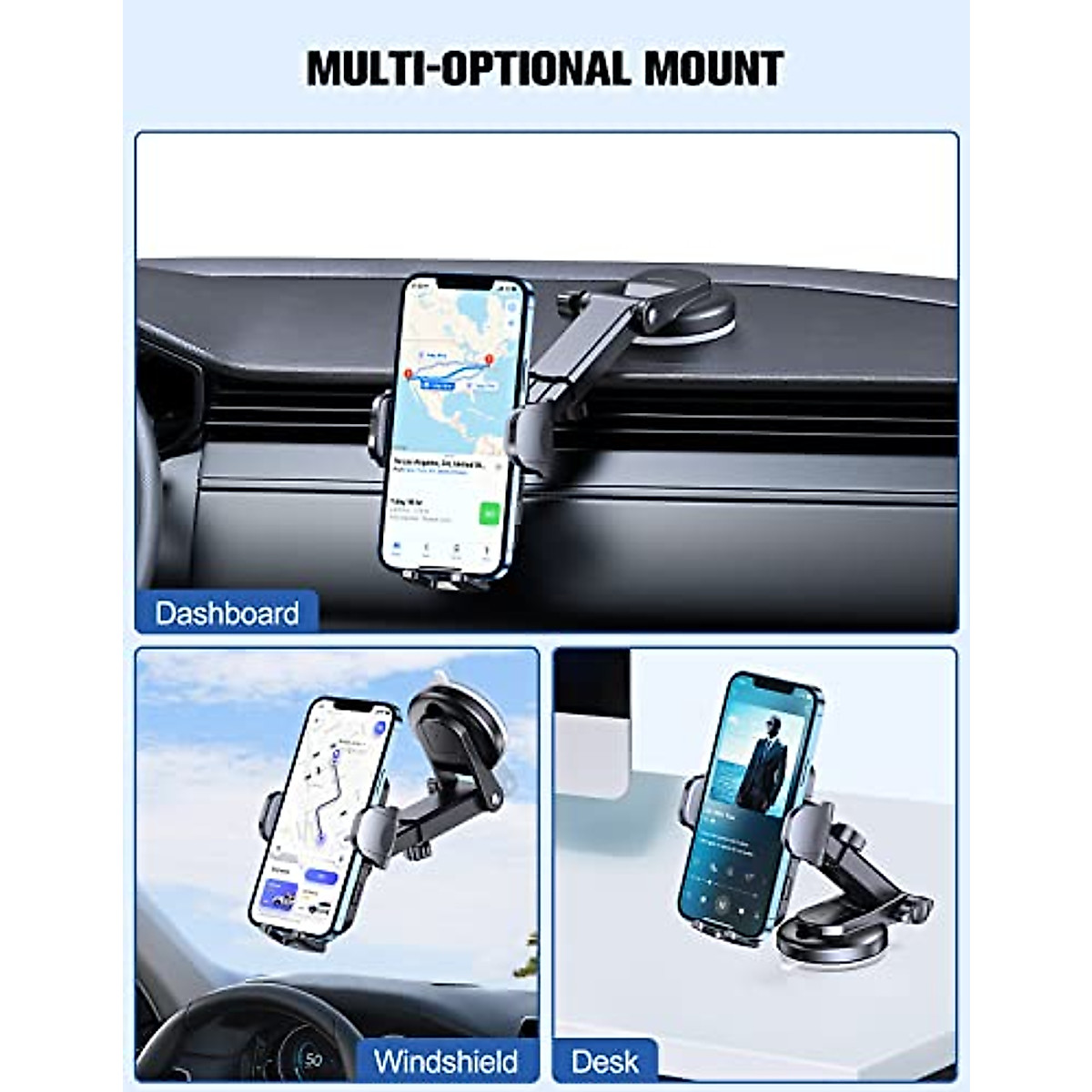 Ruiwwo Phone Mount for Car Dashboard & Windshield, [Super Suction & Never Fall Off] Cell Phone Holder Car, Hands Free Car Phone Holder Mount Compatible with iPhone Samsung All 4-7" Smartphones