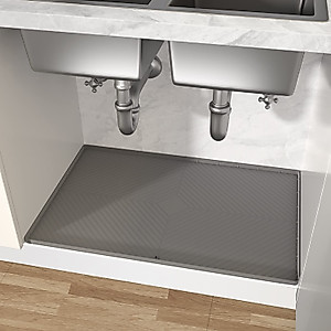 Under Sink Mat,PRETIRENO 34" x 22" Silicone Under Sink Liner for Kitchen & Bathroom Sink Base Cabinets,Under Sink Drip Tray with Lip, Grey