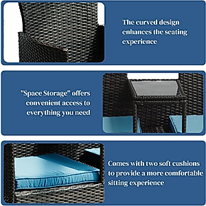 TINKLE WELL Wicker Outdoor Loveseat Modern Rattan 2-Seat Patio Conversation Set with Cushions & Built-in Coffee Table Porch Furniture for Garden Lawn Backyard, Dark Brown