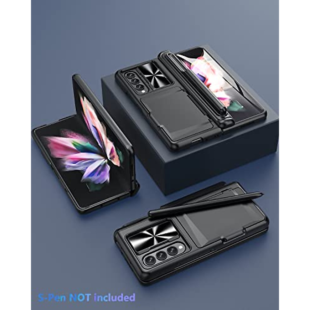 Viaotaily Galaxy Z Fold 3 Case with Pen Holder, Fold 3 Case with Hinge Protection & Screen Protector, Credit Card Storage Kickstand Cover Case for Samsung Z Fold 3 5G 2021(with S Pen Holder Black)