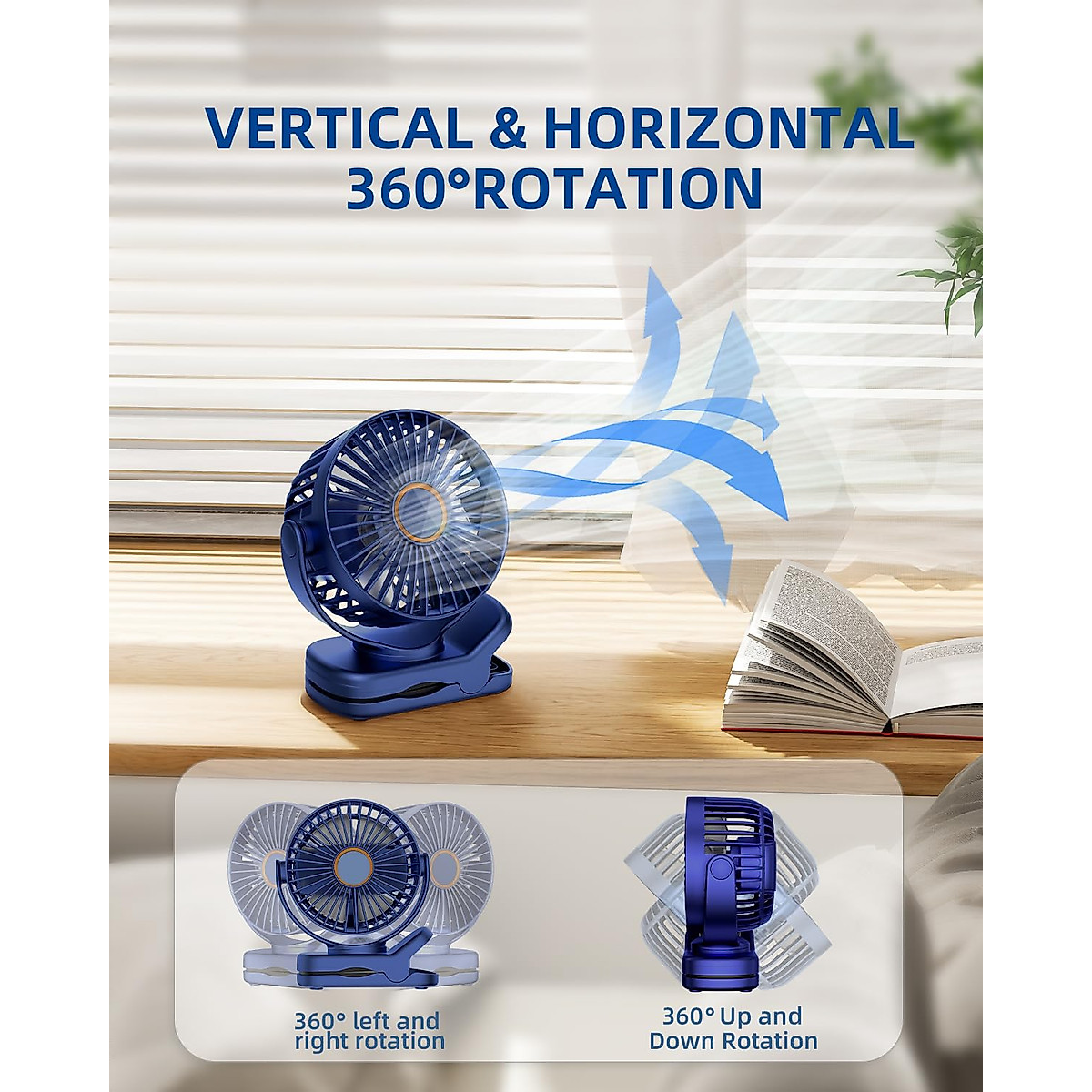 ASNUG Portable Mini Clip on Fan, 3 Speed Rechargeable Small USB Desk Fan with Strong Airflow, Battery Operated Personal Fan, 360° Rotate Adjustable Table Fan for Office Home Golf Cart Tent Stroller
