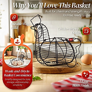 Flexzion Chicken Egg Holder, Small Wire Egg Collecting Basket with Handle for Farm Eggs, Fruits, Vegetables, Metal Wire Chicken Basket Decor for Kitchen, Countertop, Farmhouse Rustic Style, Black