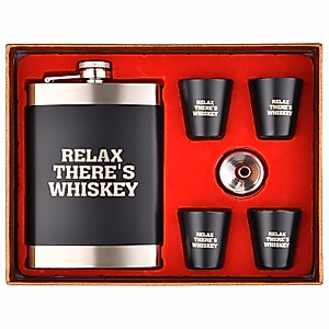 Hip Flask Gift Set for Men, Stainless Steel Leak-proof Engraved Flask for Liquor with 4 Cups and Funnel, Food-grade Black Flask, Gift Box for Wedding Party Groomsman Climbing Hiking Picnic