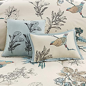 Madison Park Quincy Cozy Comforter Nature Scenery Design - All Season Bedding, Matching Bed Skirt, Decorative Pillows, Quincy, Leaf & Bird Khaki Queen(90"x90") 7 Piece