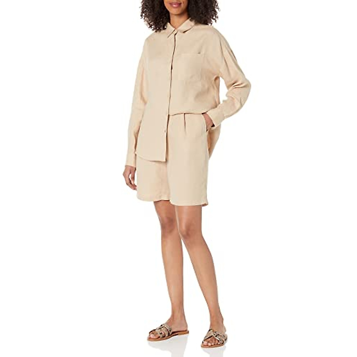 The Drop Women's Millie Loose-Fit Pleated Long Linen Walk Short, Hummus, XS
