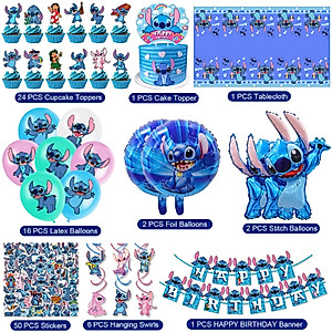 Stitch Party Supplies, 103PCS Birthday Decorations Set Include Banner, Balloons, Stickers, Hanging Swirls, Cake Cupcake Toppers, Tablecloth for Boys Girls Stitch Theme Party