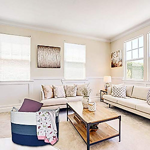 COMSE Extra Large Blanket Basket, Storage Basket, Laundry Basket, 21.7”x 13.8”, Laundry Hamper, Cotton Rope Basket, Blanket Basket Living Room, Toy Basket (White & Cadet Blue & Navy Blue)