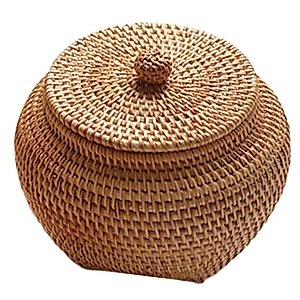 Rattan Box with Lid, 6.3x5.5 Inch Rattan Basket, Hand-Woven Round Woven Basket, Desktop Decorative Box Small Wicker Basket with Lid, Round Woven Seagrass Baskets, Little Handmade Rattan Storage