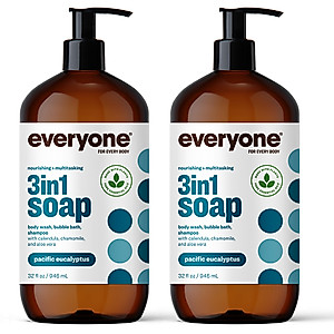 Everyone 3-in-1 Soap, Body Wash, Bubble Bath, Shampoo, 32 Ounce (Pack of 2), Pacific Eucalyptus, Coconut Cleanser with Plant Extracts and Pure Essential Oils