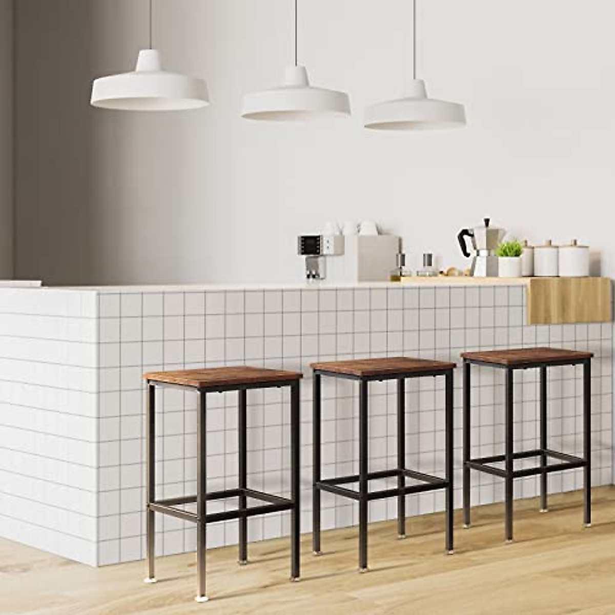 VEVOR Rustic Bar Stools, 25.6” Tall Rectangle Seat, Set of 2 Bar Chairs with Footrest Steel Frame Adjustable Feet, Wooden Industrial Kitchen Stool for Kitchen Dining Living Room, Rustic Brown