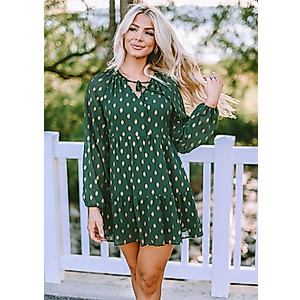 KIRUNDO Women's 2024 Spring Summer Long Sleeve V Neck Ruffle Polka Dot Mini Dress Casual Loose Tiered Swing Tunic Dresses(Dark Green, X-Large)