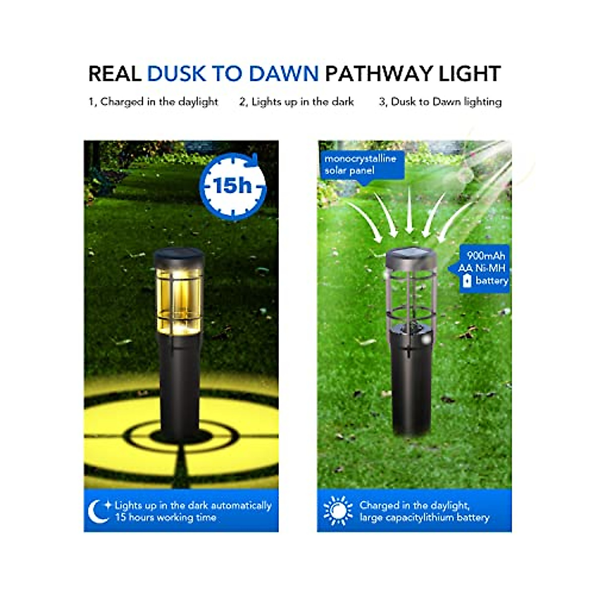 MUSCLE LIGHTING Solar Pathway Lights Bollard, 7 Color Changing/Warm White Landscape Path Light, Outdoor Waterproof Garden Light for Patio, Yard, Driveway, Pack of 6