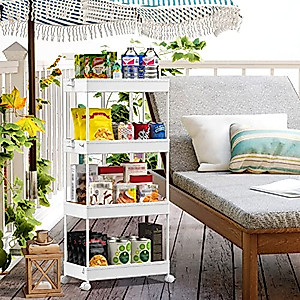 SPACEKEEPER Storage Cart, 4-Tier Mobile Shelving Unit, Bathroom Rolling Cart Utility Storage Organizer Shelf for Kitchen Living Room Bathroom Laundry Room & Dressers, White