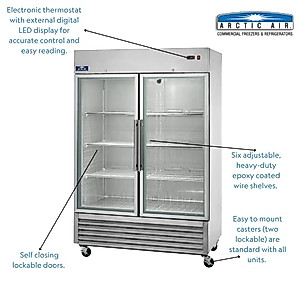 Arctic Air AGR49 Two Door Glass Reach-In Refrigerators, 2 doors 6 shelves, 33DF to 41DF, 49 cu. ft, Stainless Steel