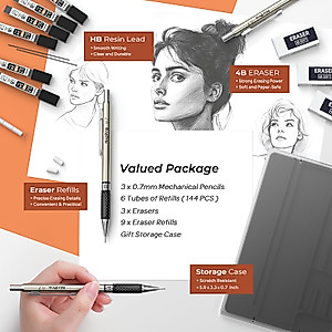 Nicpro 0.7 mm Art Mechanical Pencils Set in Storage Case, 3 PCS Metal Drafting Pencil Lead Pencil with 6 Tube HB Lead Refills, 3 Erasers, 9 PCS Eraser Refills for Artist Writing, Drawing, Sketching