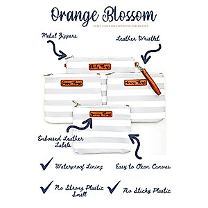 Stylish Diaper Bag Organizing Pouches - XL Set of 4 Gray and White Striped Canvas Diaper Bag Pouches with Leather Embossed Labels, Leather Wristlet Strap & Durable Metal Zippers