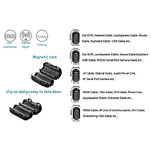 Yarachel 50PCS RFI EMI Noise Suppressor Cable Clip for 3.5mm/ 5mm/ 7mm/ 9mm/ 13mm Diameter Cable