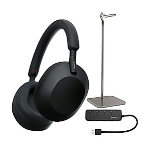 Sony WH-1000XM5 Wireless Noise Canceling Over-Ear Headphones (Black) Bundle with 4-Port USB 3.0 Hub and Alloy Headphone Stand (3 Items)